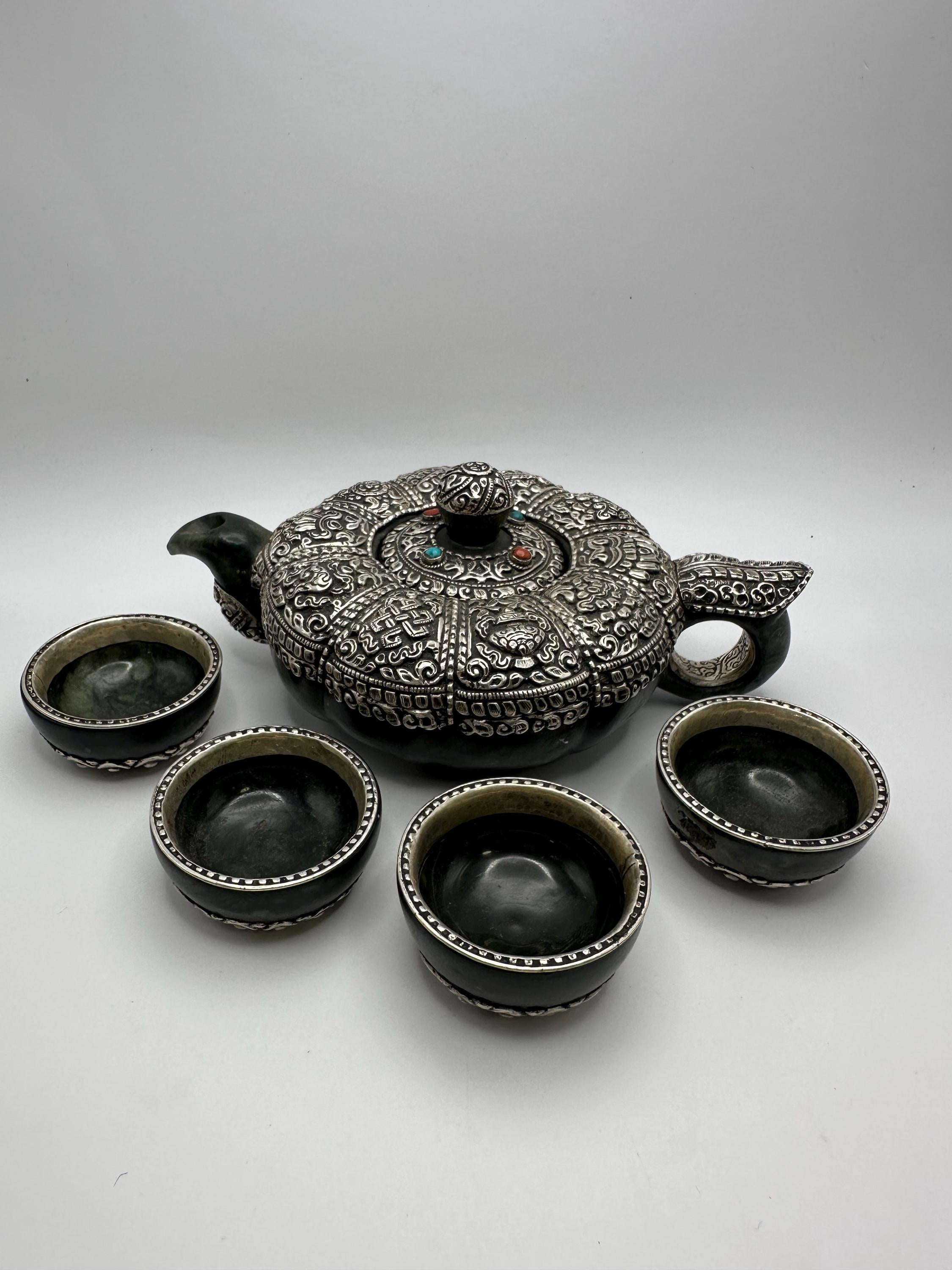 Handcrafted Jade Tea Set: Sterling Silver, Eight Auspicious Symbols ...